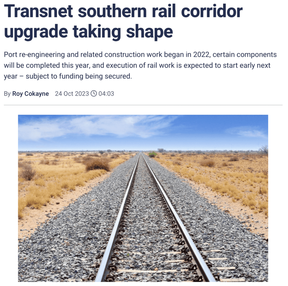 Transnet southern rail corridor upgrade taking shape | Traxtion
